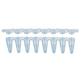 Pcr strip of 8, 100l, pcr performance tested, transparent, pp, flat cap